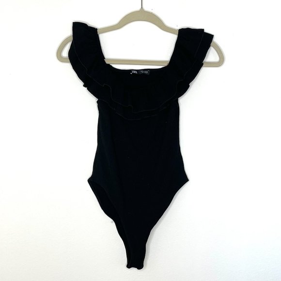 Zara | Tops | Zara Black Ruffle Bodysuit | Poshmark